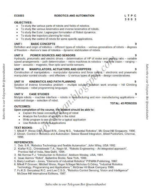 Ec6003 Robotics And Automation Syllabus Semester Vi Ece Be Anna University Anna University