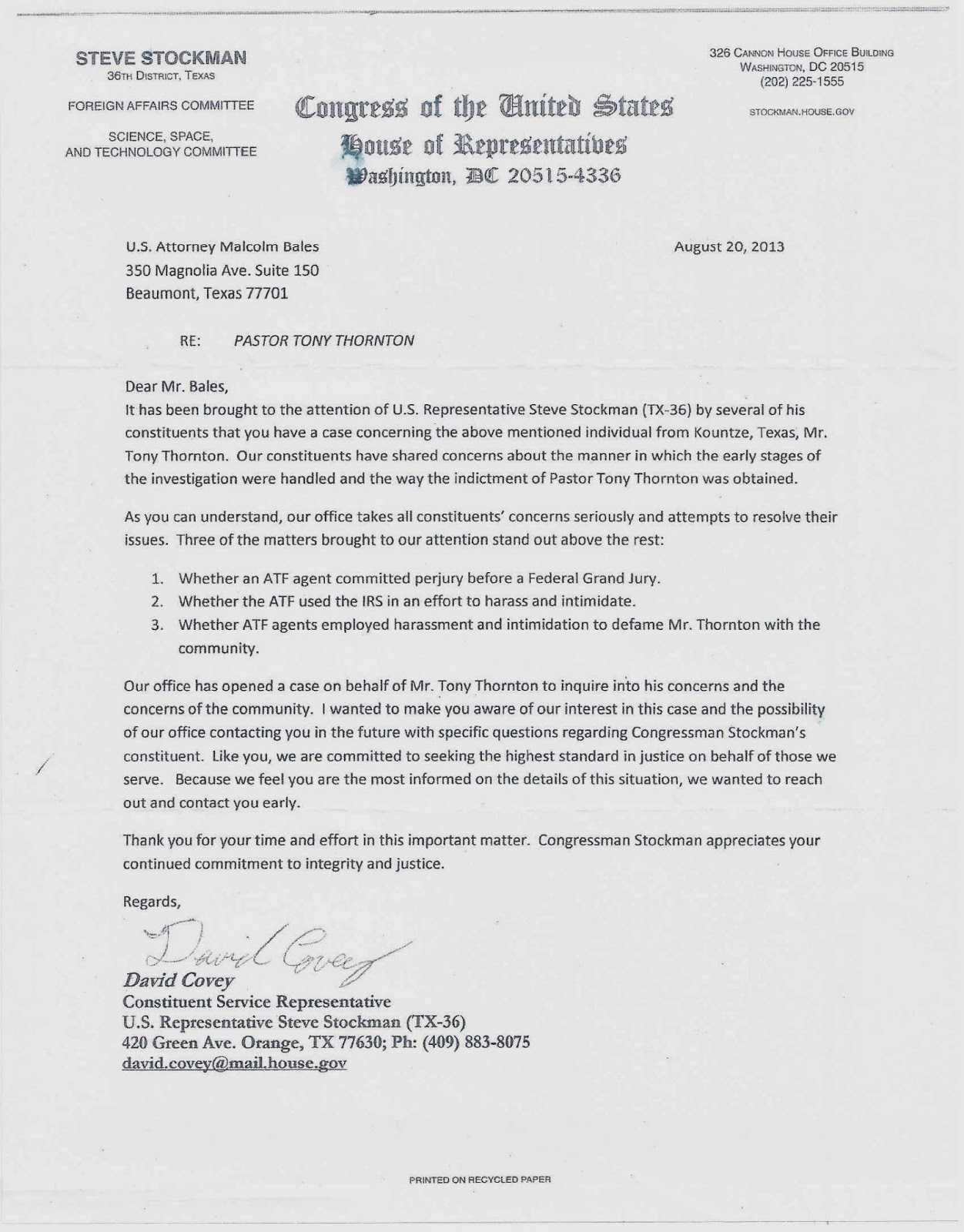Congressman Stockman Investigating ATF use of IRS & Perjury to Target ...