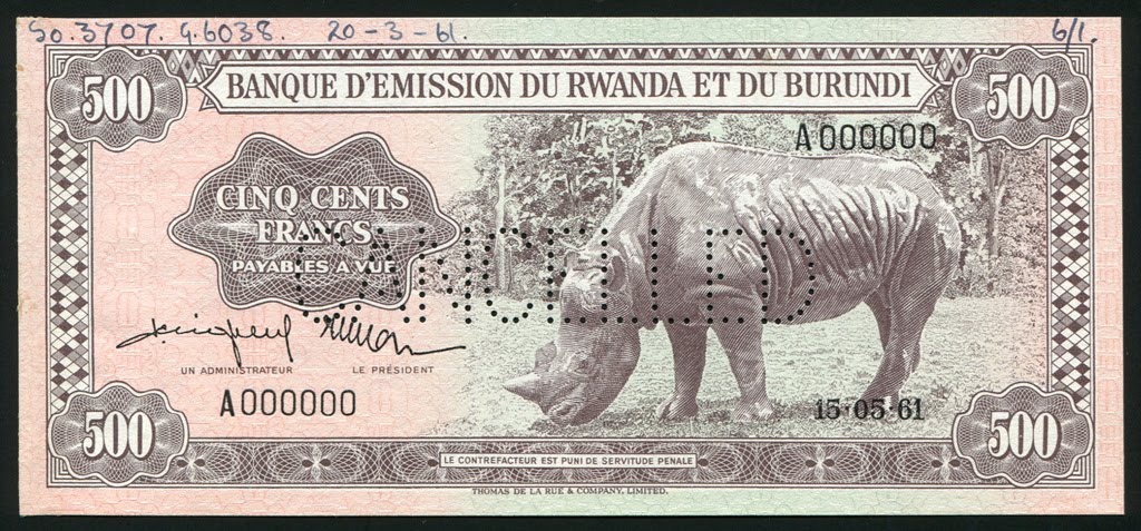 Rwanda-Burundi banknotes 500 Francs note of 1961 Rhinoceros|World ...