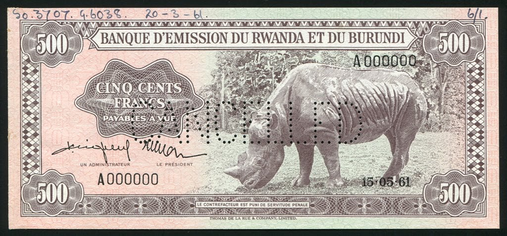 Rwanda-Burundi banknotes 500 Francs note of 1961 Rhinoceros|World ...
