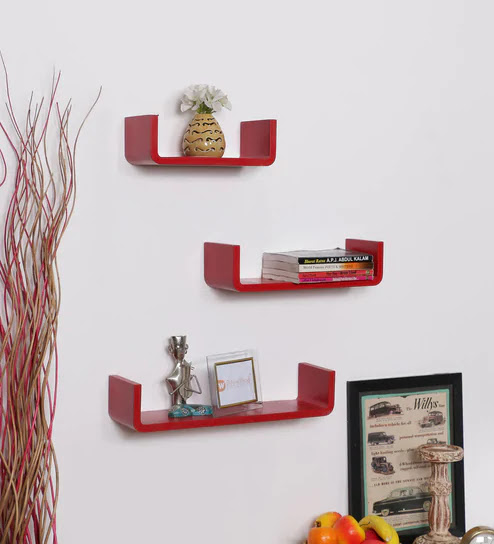 Buy Floating Wall Shelf (Set of 3) in Red Finish by DriftingWood Online ...