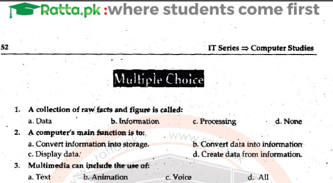 ICS 1st Year Computer Science Chapter 1 MCQs solved pdf - Ratta.pk