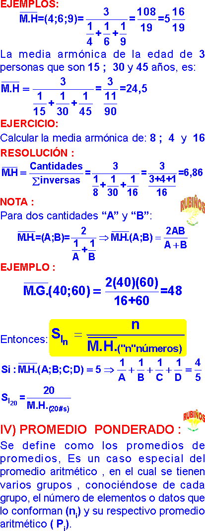 PROMEDIOS ARITMETICO GEOMÉTRICO ARMÓNICO PONDERADO EXPLICACIONES