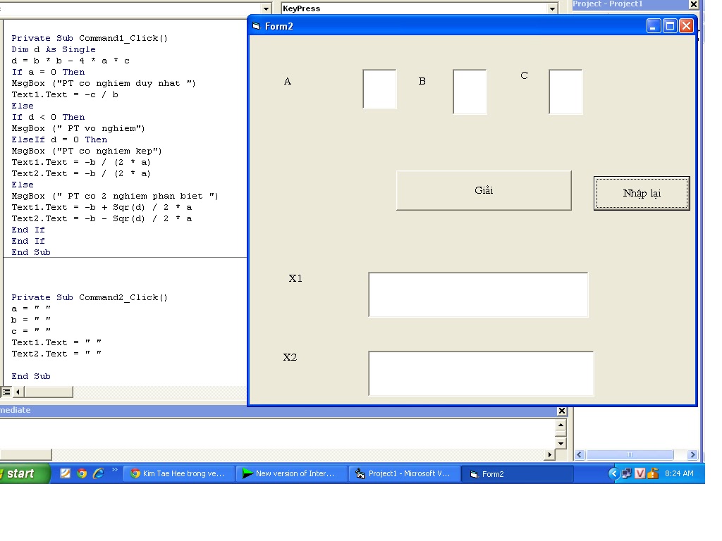 Lap trinh VB ( Visual basic 6.0 ): Code giải phương trình bậc 2