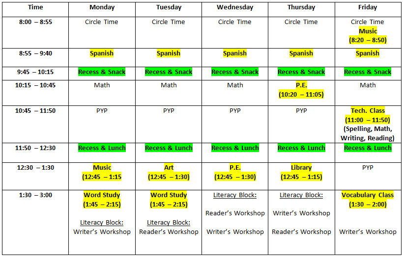 Ms. Carla's Second Grade: Class Schedule