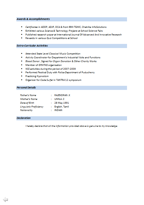 B Tech Fresher Resume Sample Download