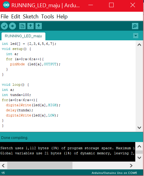 APLIKASI PROGRAM ARDUINO UNO: Running LED berbasis Arduino UNO