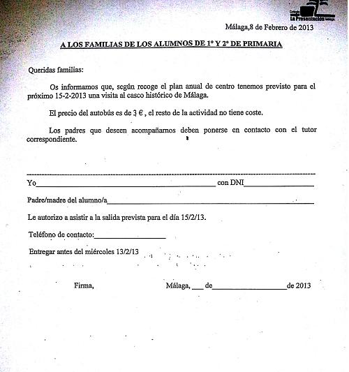 1º CICLO PRIMARIA: Circular Excursión al centro de Málaga