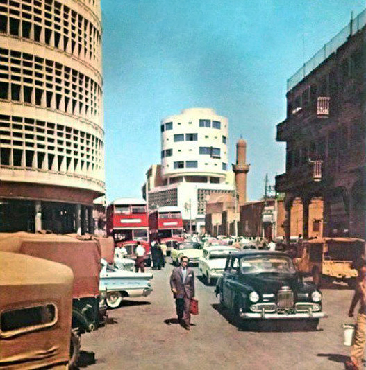 transpress nz: traffic in Al Rasheed St, Baghdad, Iraq, 1959