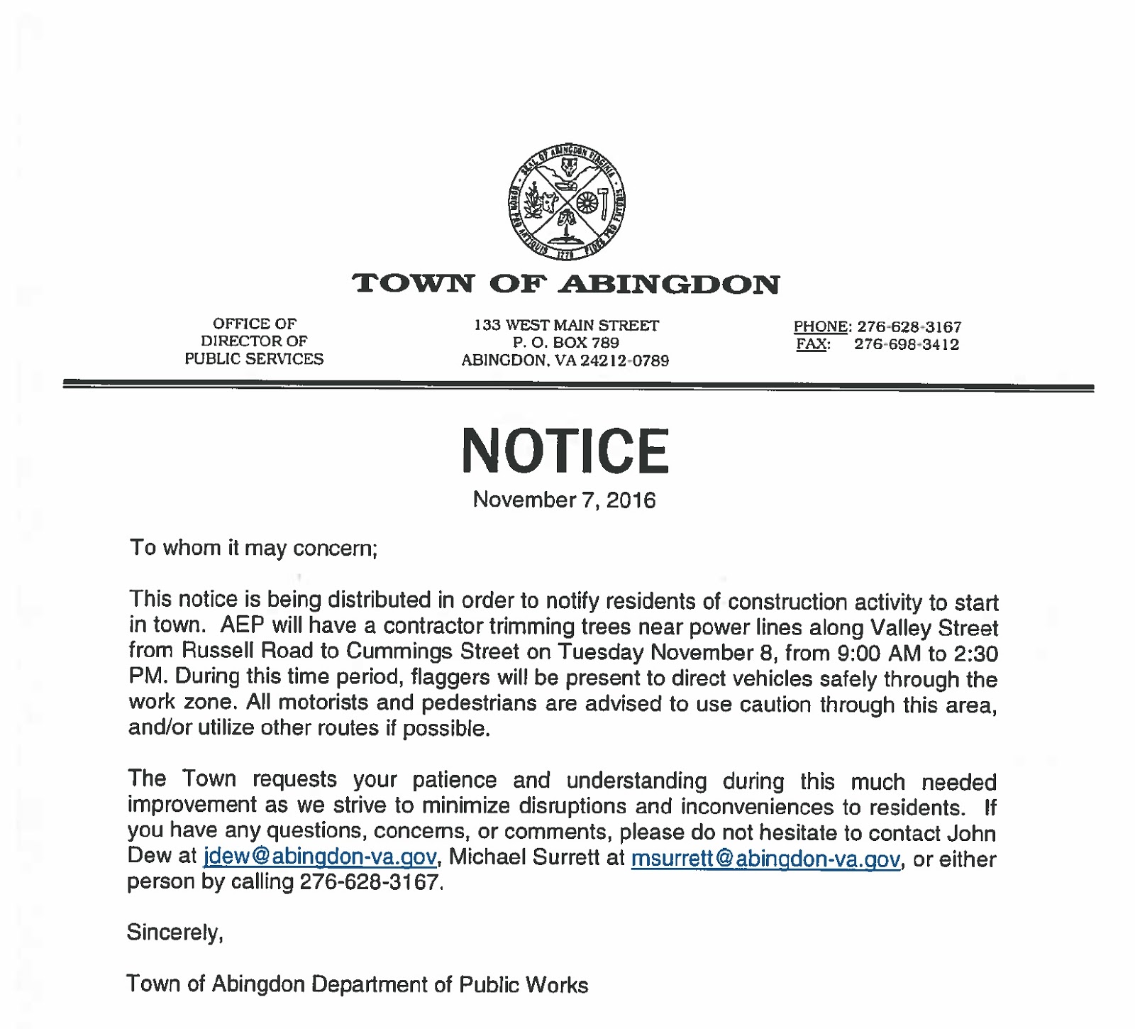Town Of Abingdon Virginia Tree Trimming Notice 11 8 16 Town Of Abingdon Virginia Tree Trimming Notice 11 8 16
