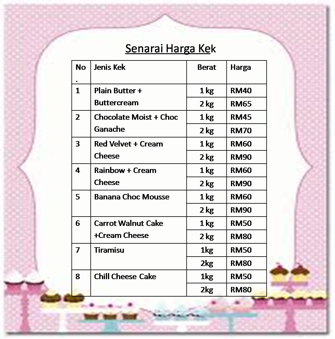 AMEEZA BAKE HOUZ: Senarai Harga Kek, Cupcake, Kek Hantaran /Perkahwinan ...