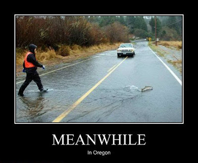 Motivational Poster Fun: Meanwhile in Oregon - Fish swimming across road