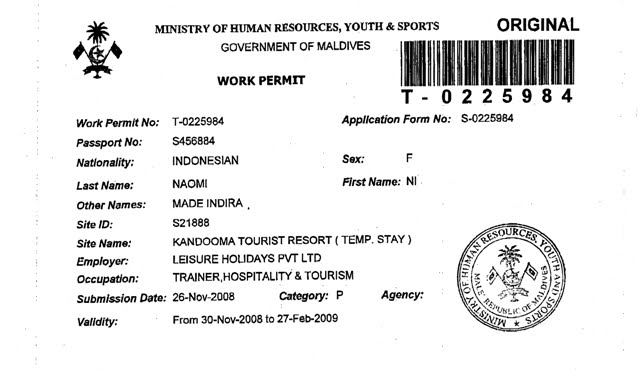 MALDIVES WORK PERMIT