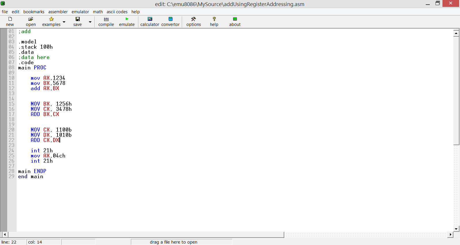 Program To Add Numbers Using Register Addressing In Assembly Language Using Emu 8086