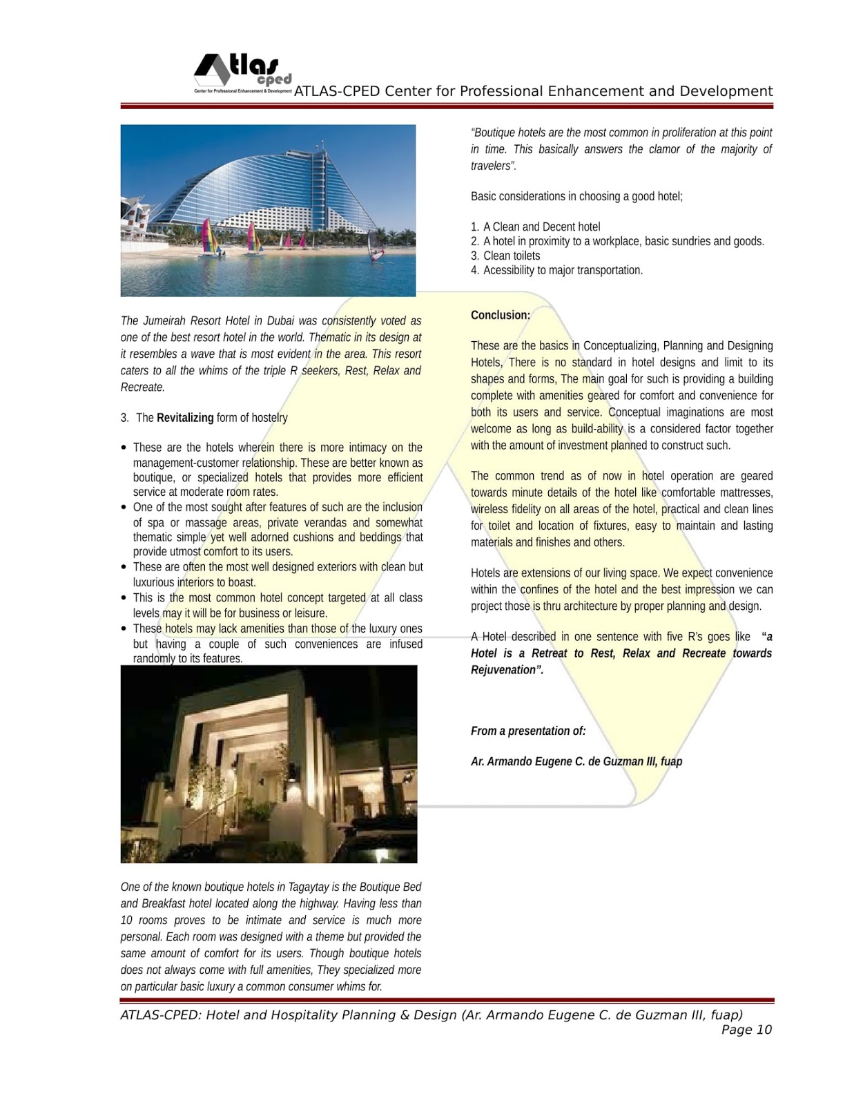 Planning and Design Guidelines for Hotels | ATLAS CDC Review Center