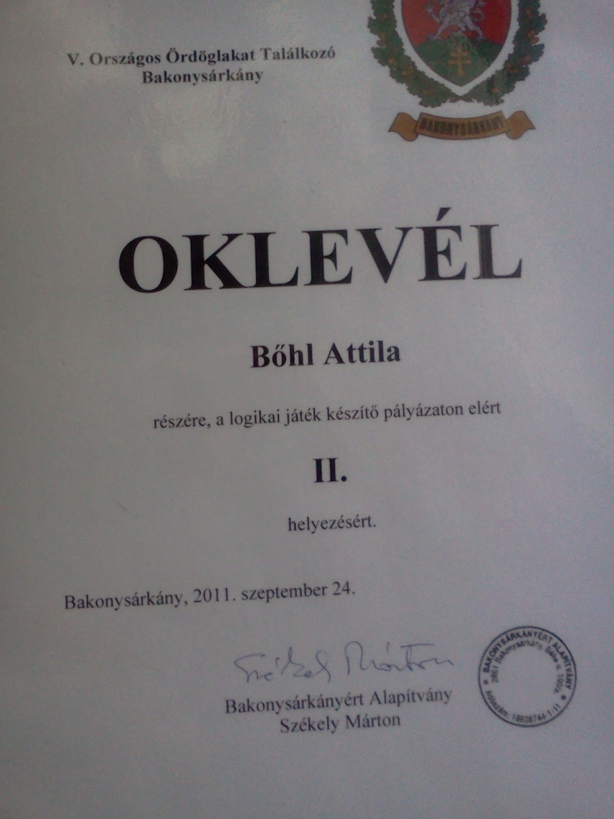 Játéktervezők: II. hely - oklevél