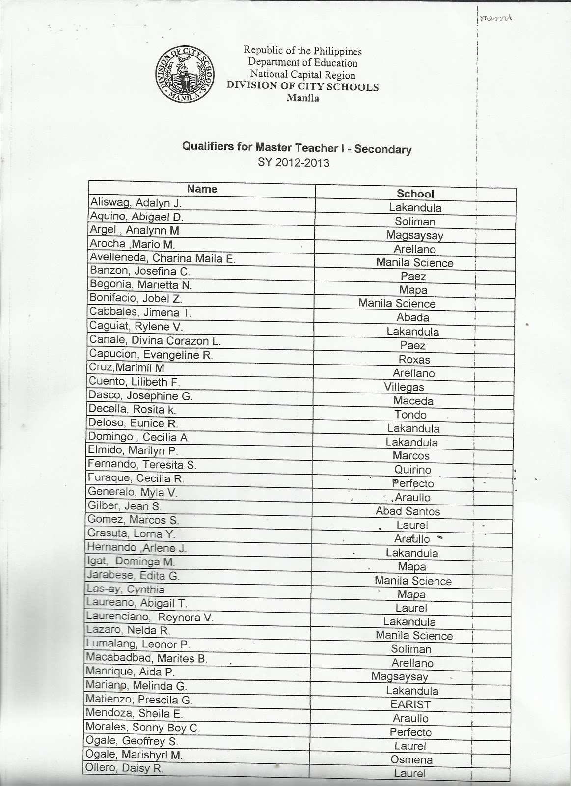 Department of Education Manila: July 2012