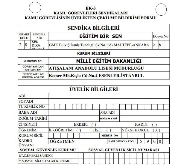 Sendika istifa Formu Örneği indir | Hazır Dilekceler
