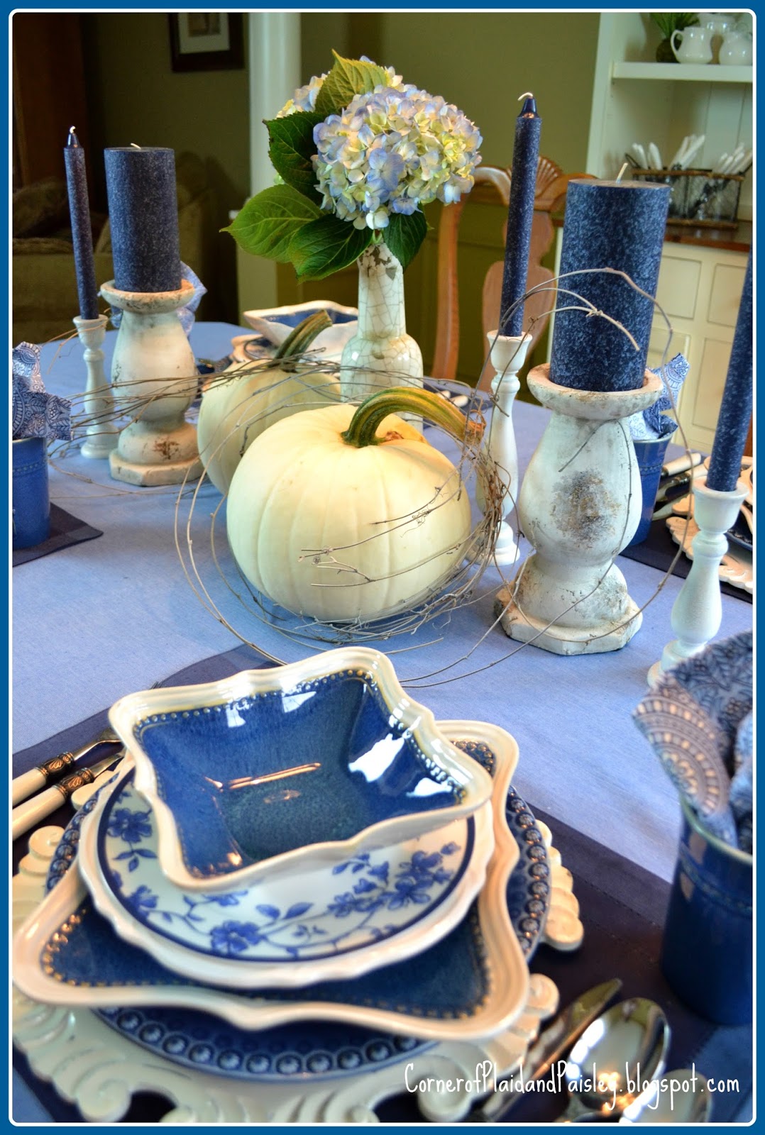 Denim Blue and White Fall Tablescape - Corner of Plaid and Paisley