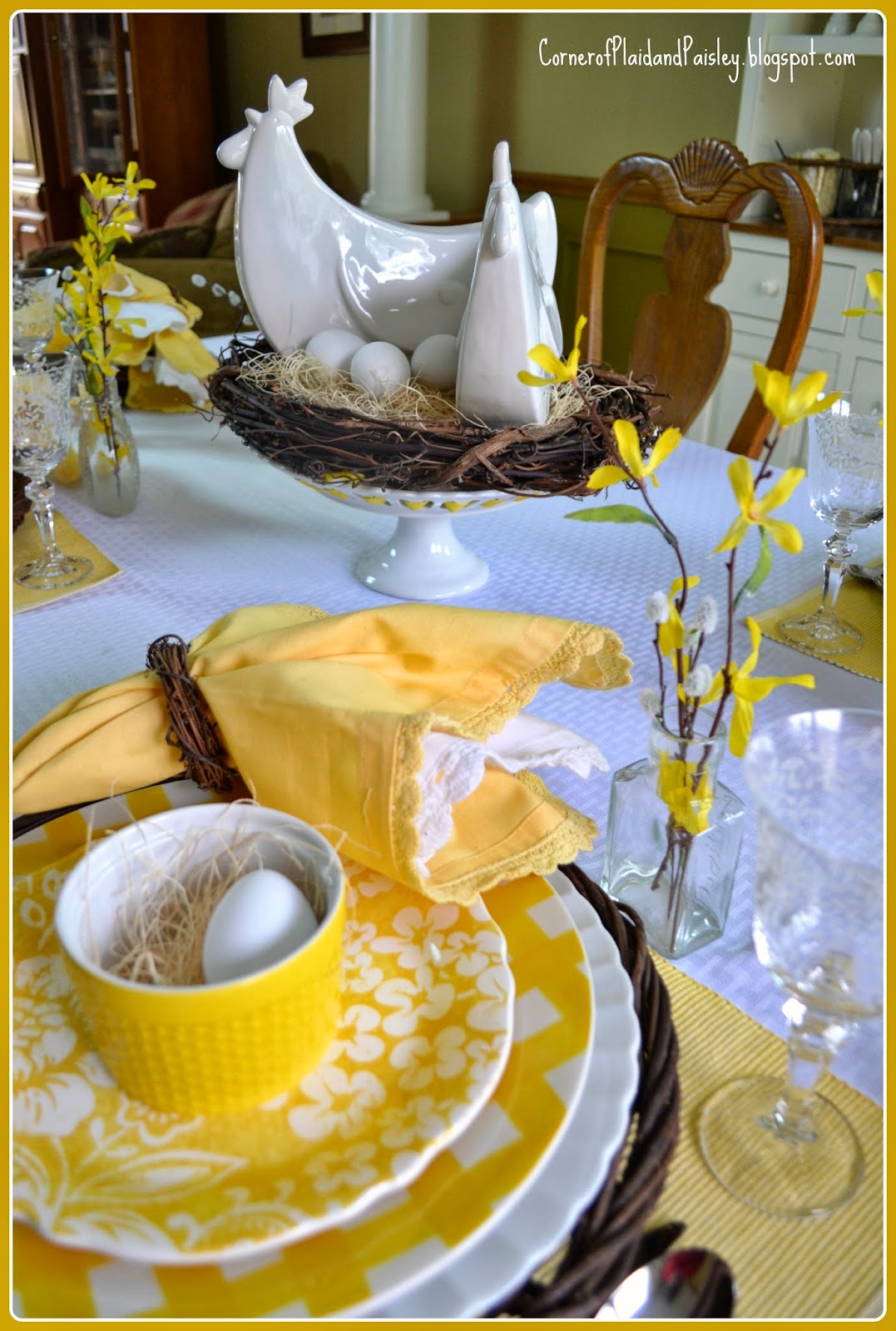 Spring Chicken Tablescape - Corner of Plaid and Paisley