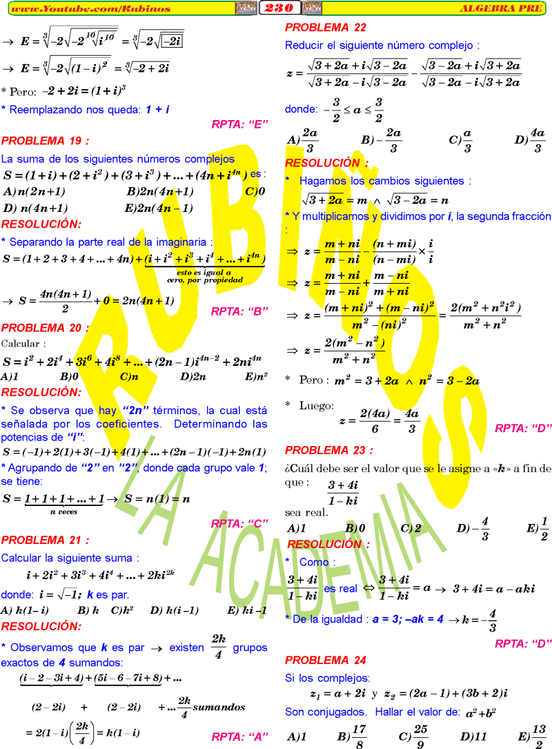 NÚMEROS COMPLEJOS PROBLEMAS RESUELTOS DE ÁLGEBRA PREUNIVERSITARIA PDF