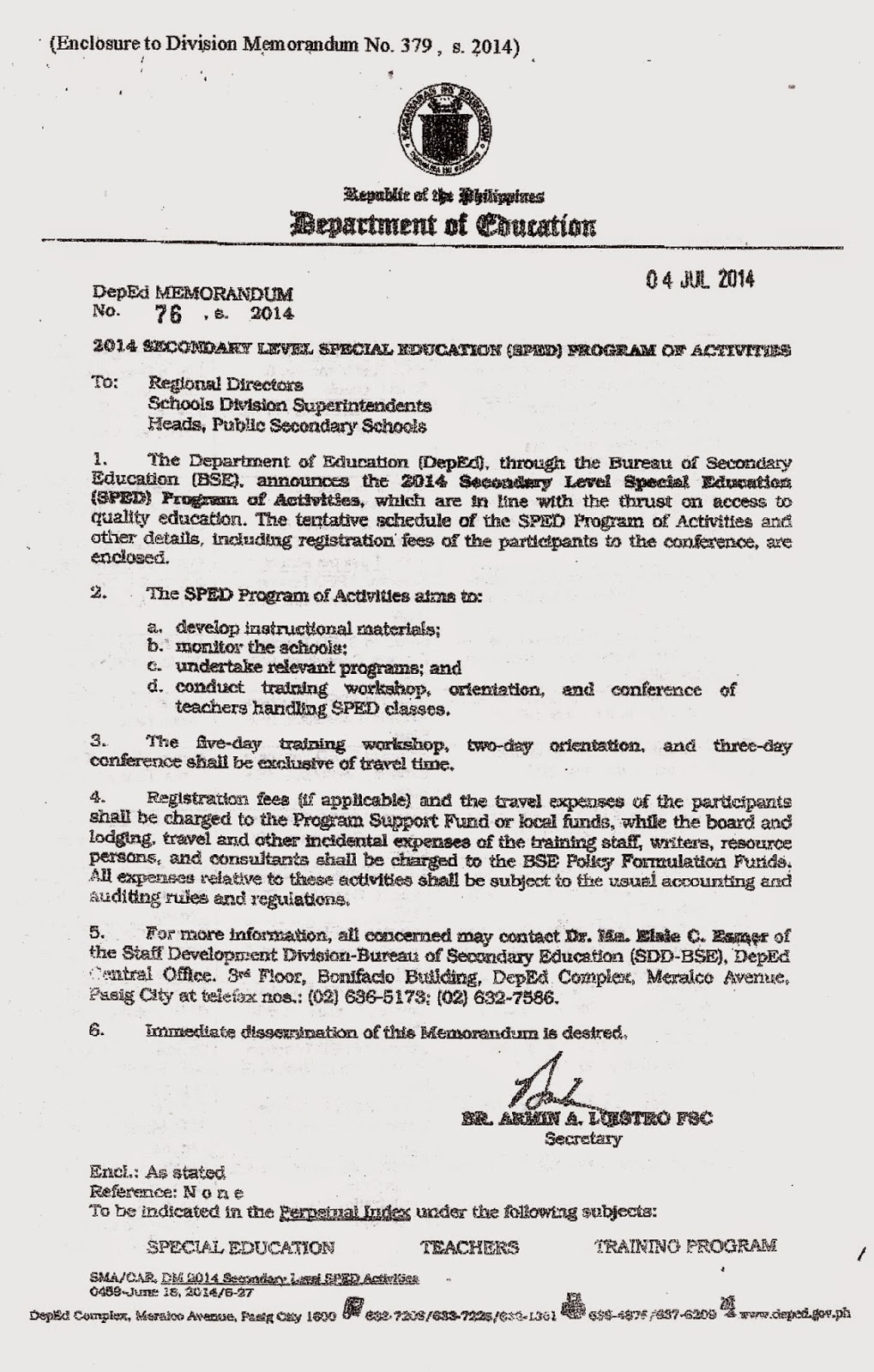 Department of Education Manila: Division Memorandum No. 379 - 2014 ...