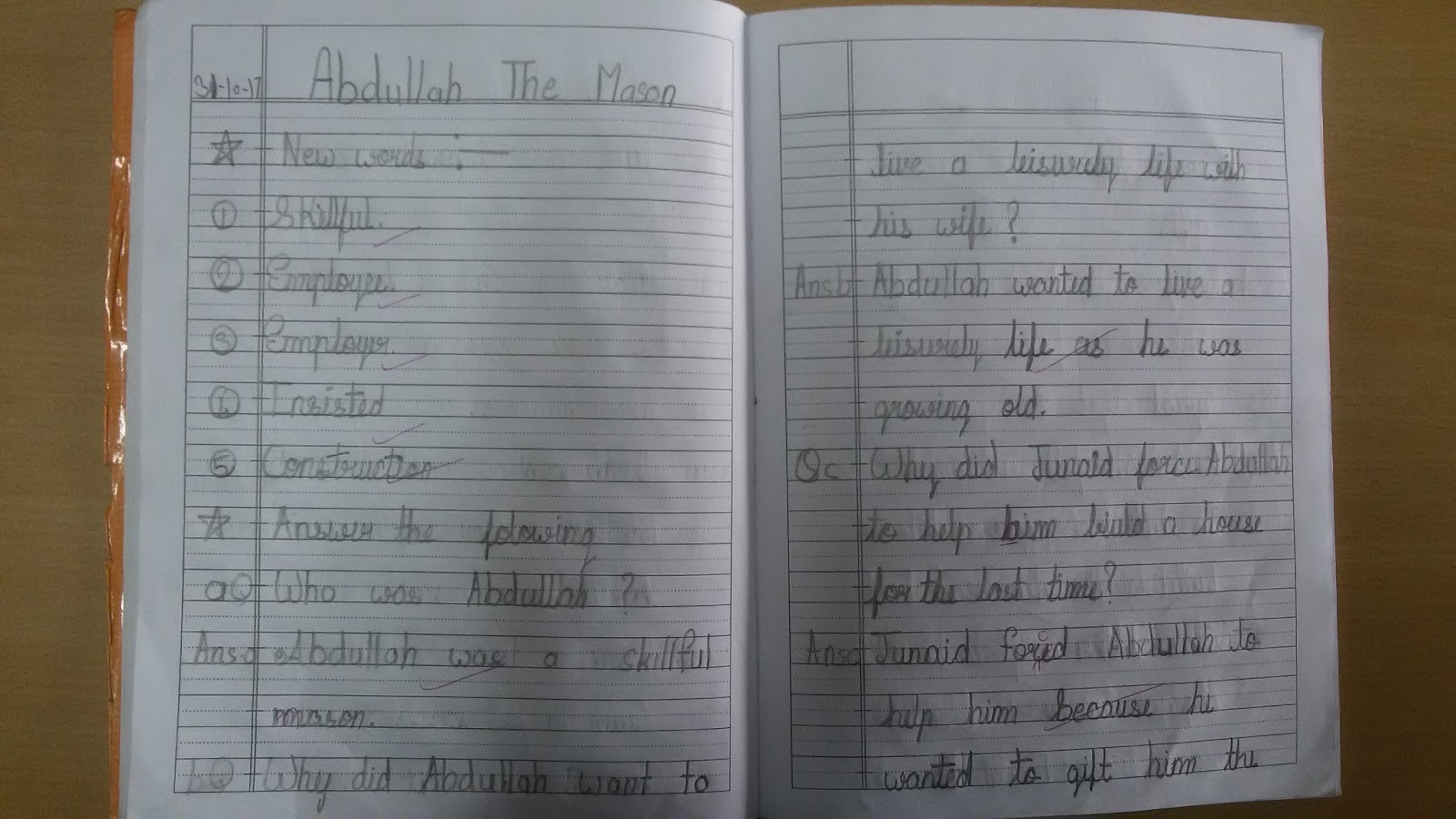 Grade II work done in English Note book, CHAPTER:- Abdullah,The Mason