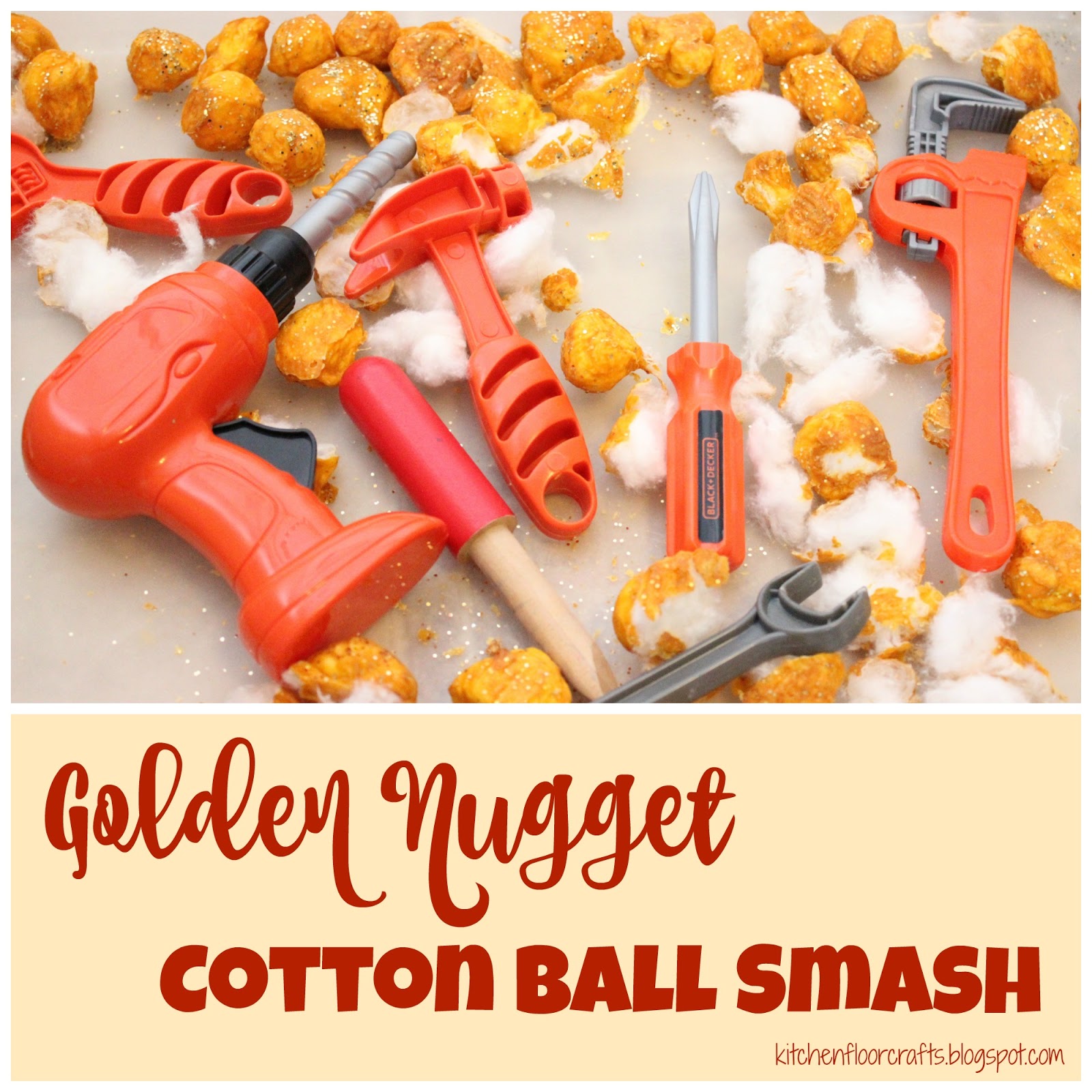 Kitchen Floor Crafts: Golden Nugget Cotton Ball Smash