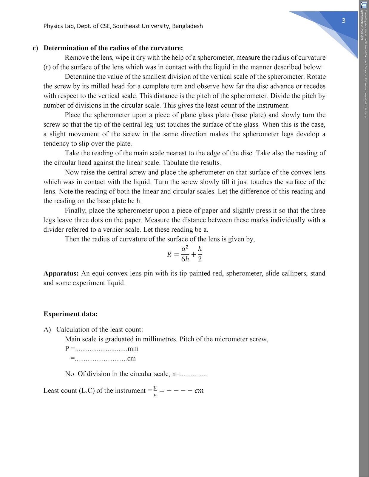 Expt.5: To determine the refractive index of a liquid by pin method ...