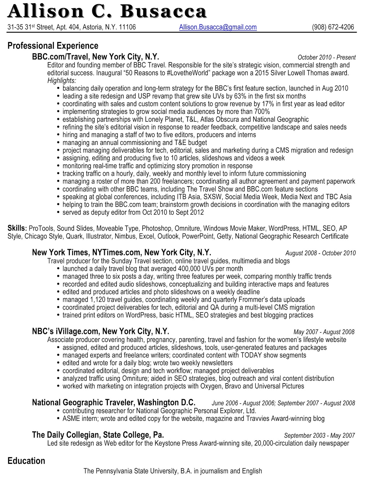 Allison Busacca's Portfolio: Allison Busacca's Most Recent Resume