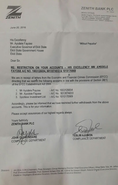 PHOTO: Zenith Bank's Letter Restricting Governor Fayose's Accounts ...