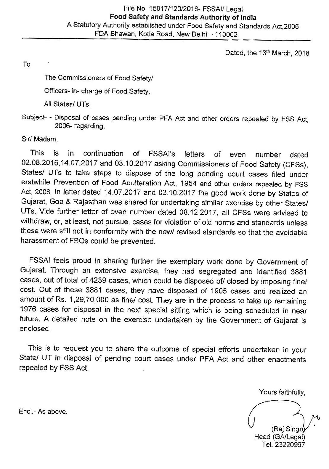FOOD SAFETY LATEST: Letter related to Disposal of cases pending under ...