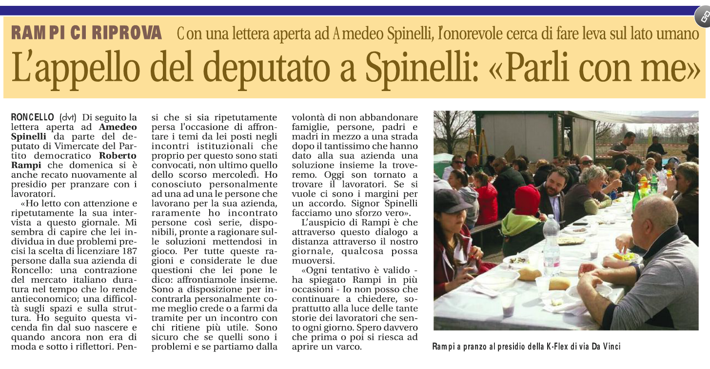 L'appello del deputato Roberto Rampi alla proprietà della K-Flex