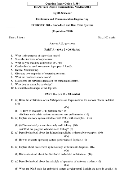 EC2042 Embedded and Real Time Systems Nov Dec 2014 Question Paper - University Question Papers