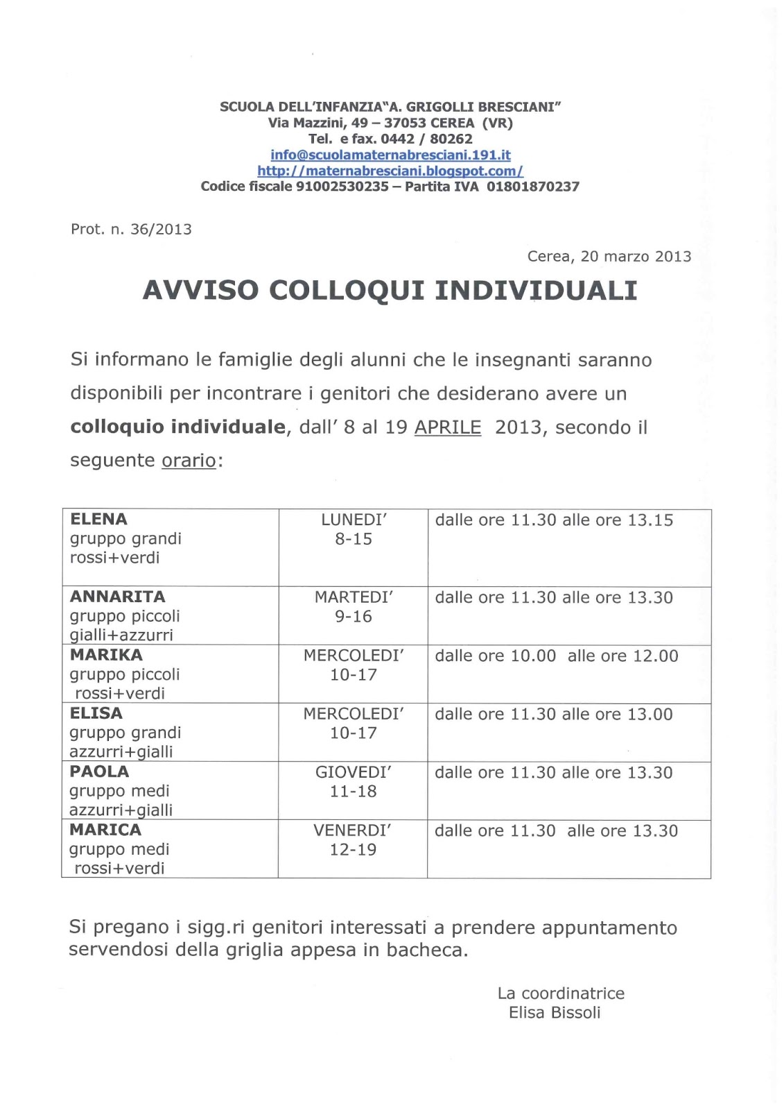 scuola dell'infanzia A. Grigolli Bresciani: colloqui individuali - aprile