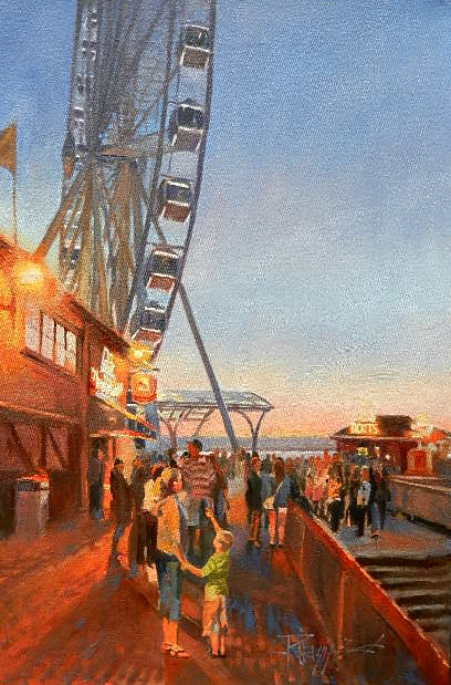 in plein air: "Seattle Wheel" Seattle City oil painting by Robin Weiss