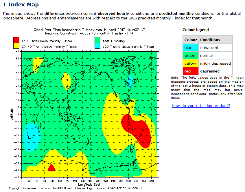 Earthquake Prediction: IONOSPHERIC T-index map 14-April-2017