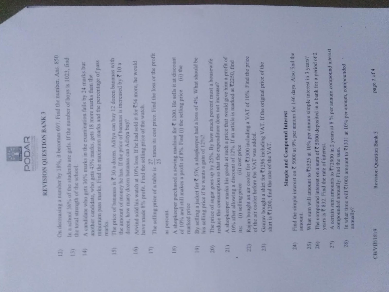 Grade 8 Mathematics : Revision Questions Bank