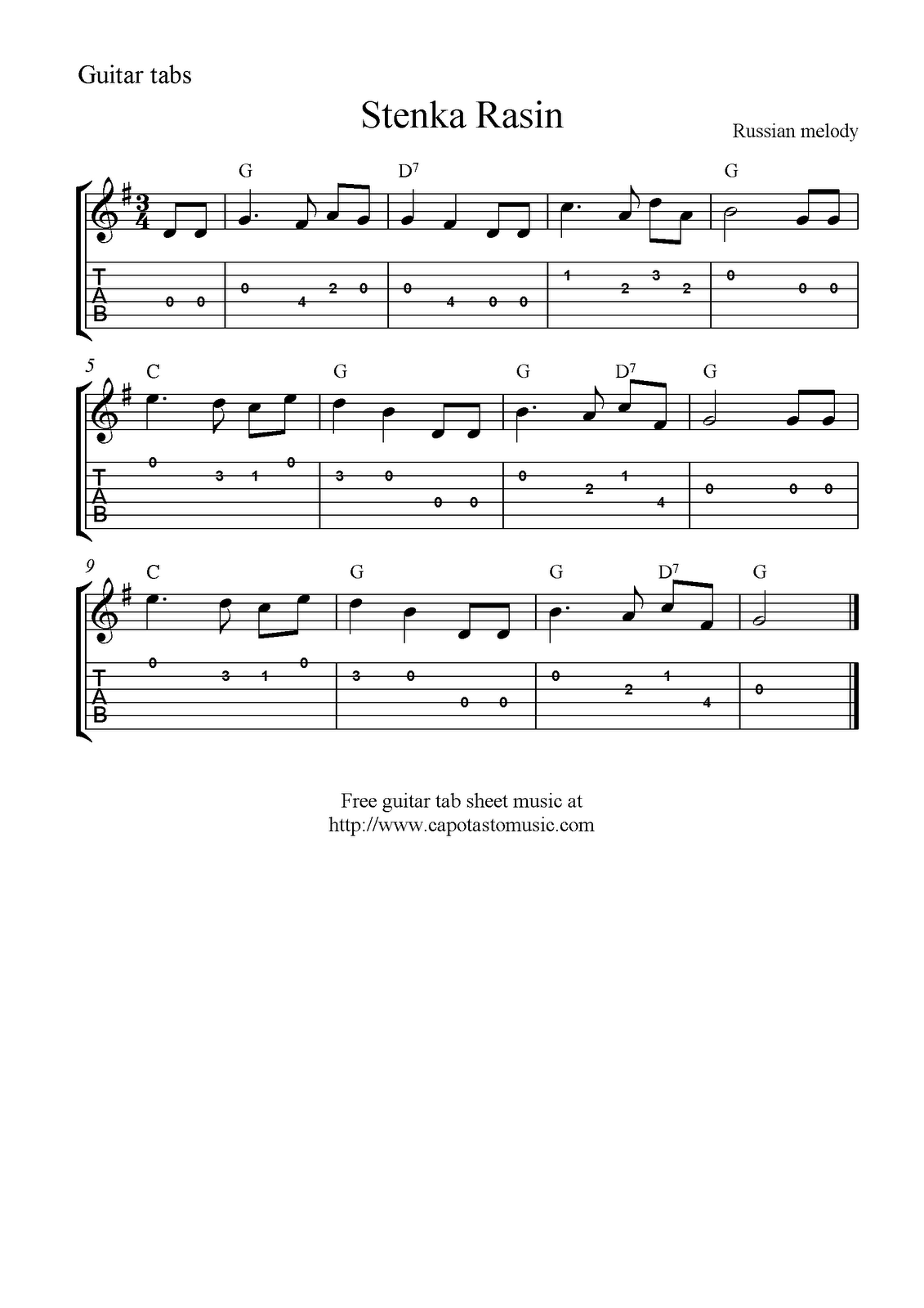 Easy Sheet Music For Beginners: Stenka Rasin, easy free guitar tabs ...