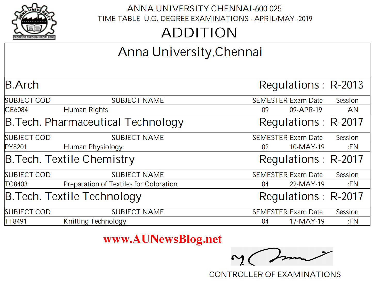 Anna University April May 2019 Time Table Addition for UG & PG