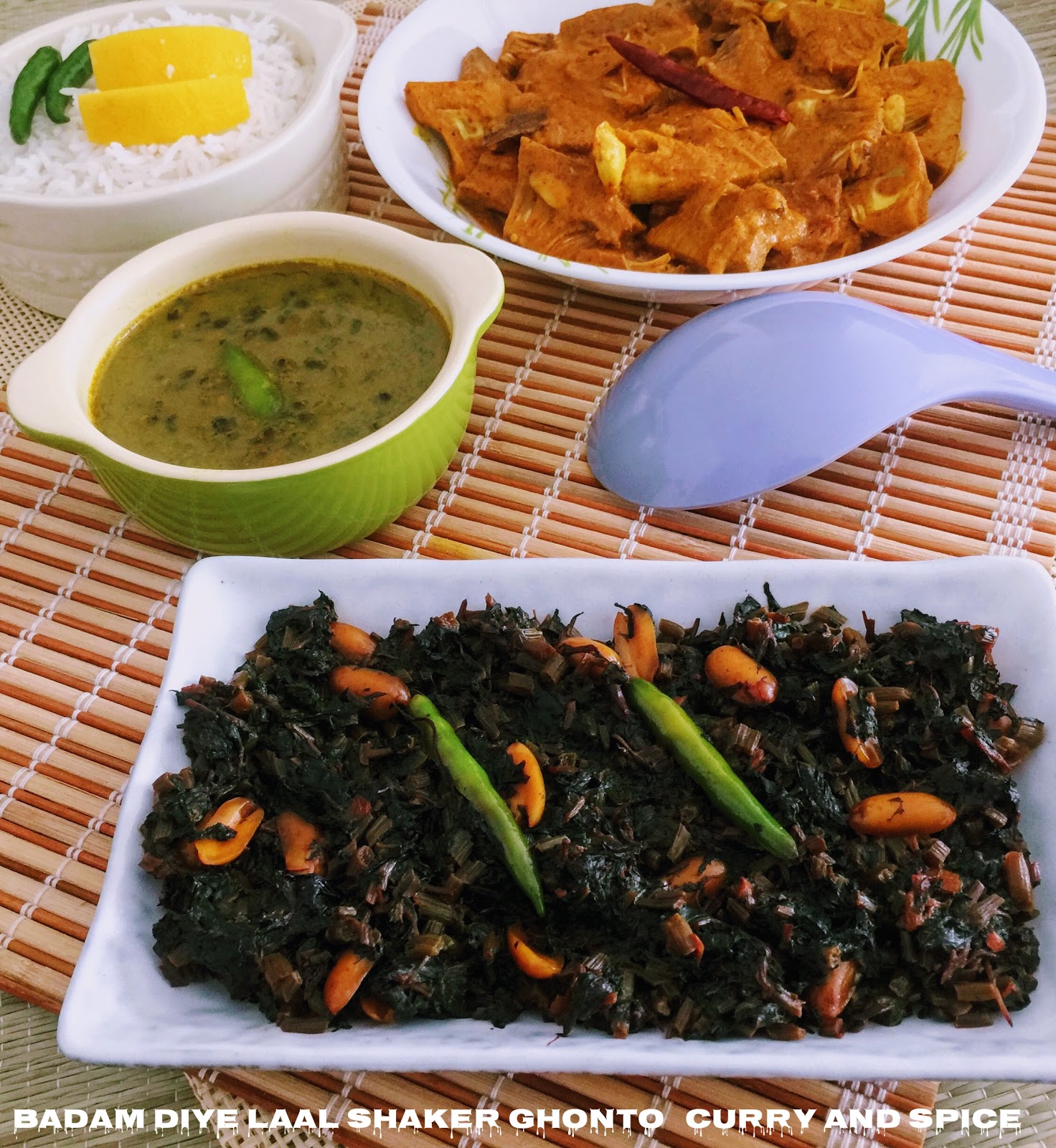 CURRY AND SPICE: BADAM DIYE LAAL SHAKER GHONTO / RED AMARANTH & PEANUT ...