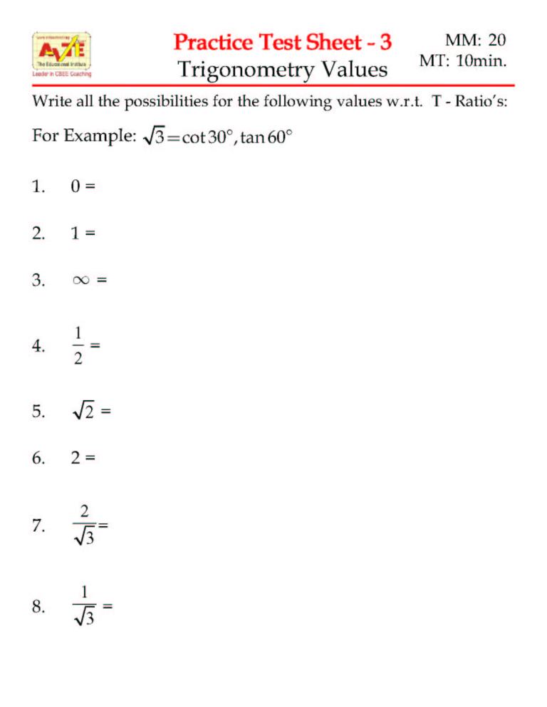 Practice Test Sheet - 3 for TRIGONOMETRY Values ( 0 to 90) degrees