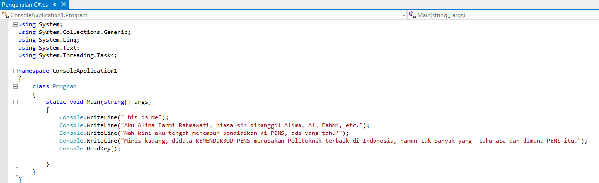 Latihan 1 Belajar Bahasa C # dengan Visual Studio 2012