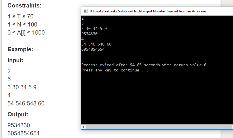 Geeksforgeeks Solution For " Largest Number formed from an Array