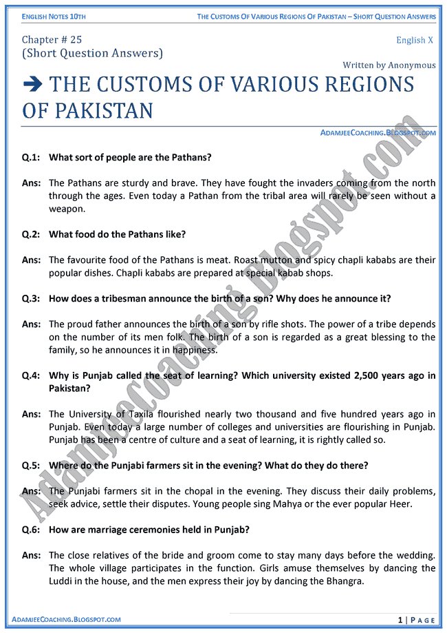 Adamjee Coaching: The Customs Of Various Regions Of Pakistan - Question ...