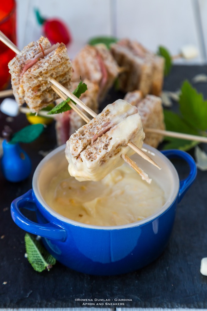 Grilled Mini Ham and Cheese Sandwich Sticks with Cheesy Dipping Sauce