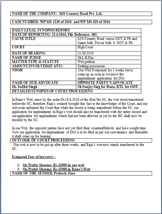 Legal Research Synopsis Format