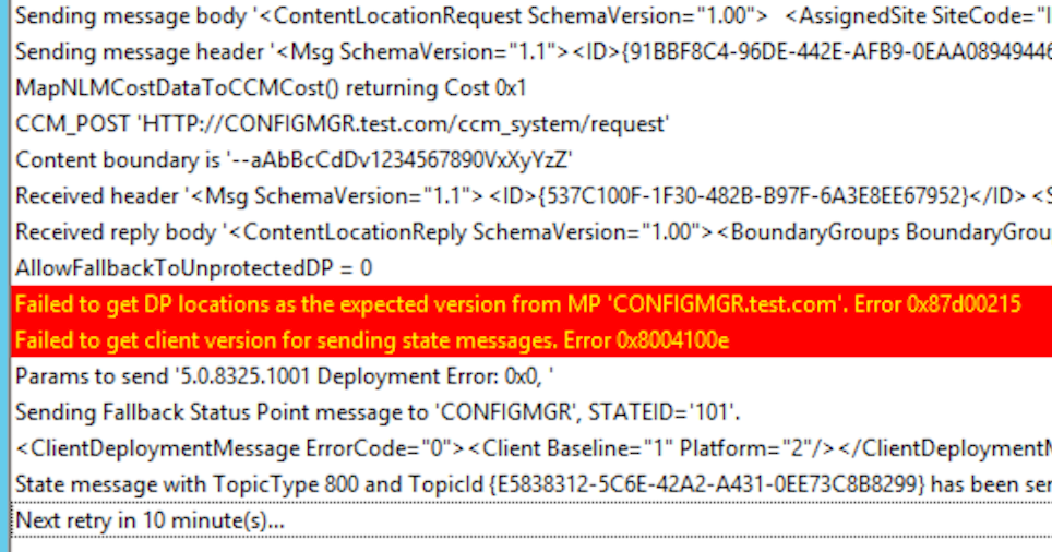 Failed to get dp locations as the expected version from mp. error 0x87d00215 | ImpDossier