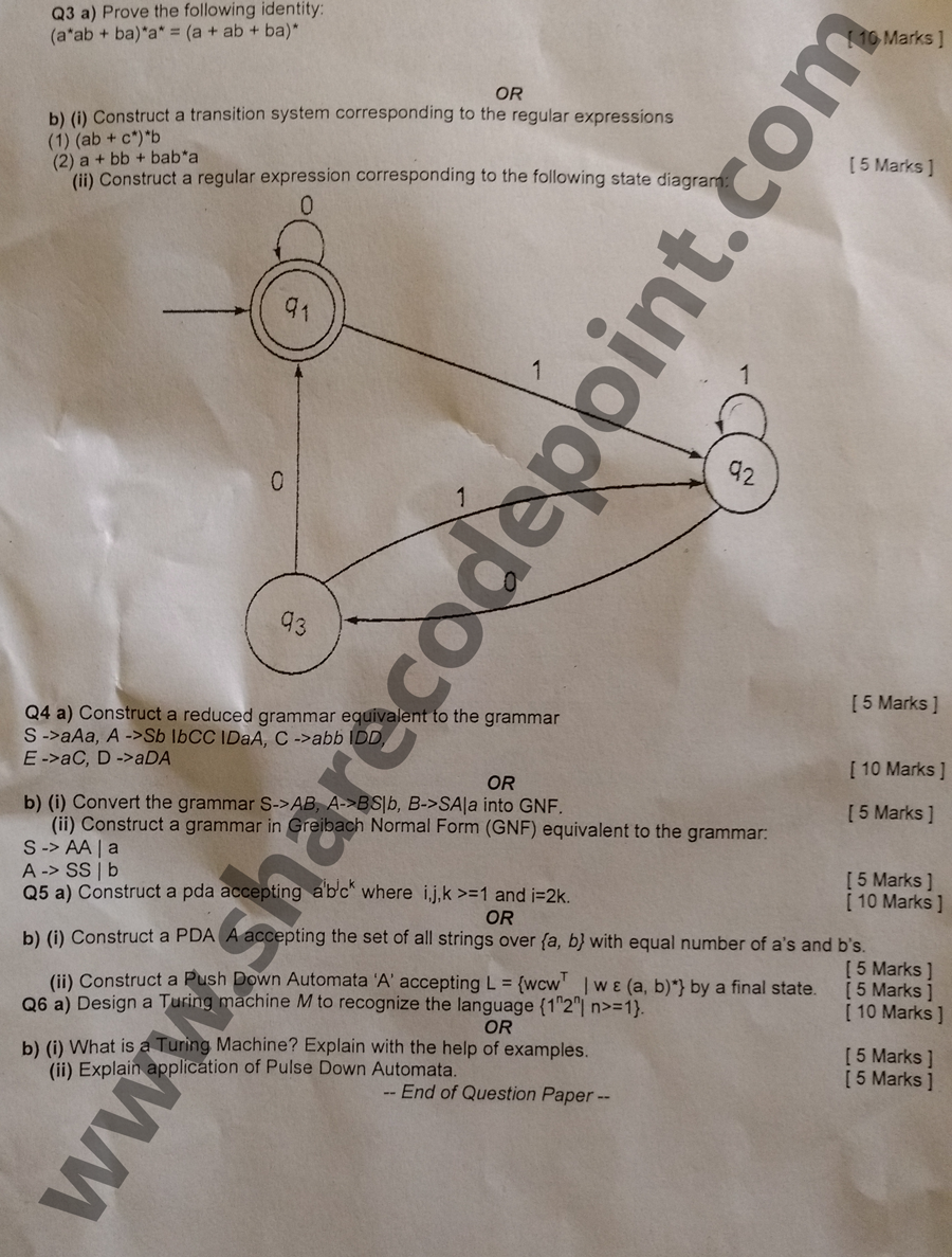 CSE322 : Formal Languages and Automation Theory End Term Exam Question Paper - CSE 322