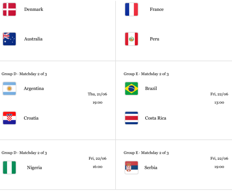 2018 FIFA World Cup Fixtures